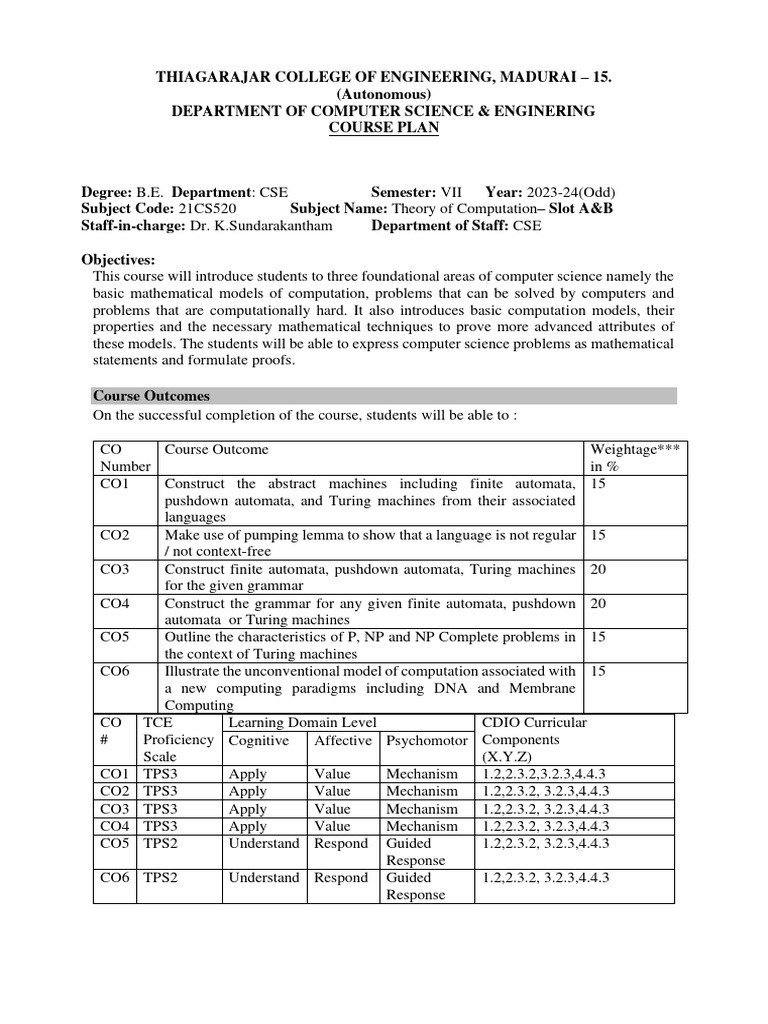 Course Plan-21CS520-Theory of Computation - KSK | PDF | Theory Of Computation | Applied Mathematics