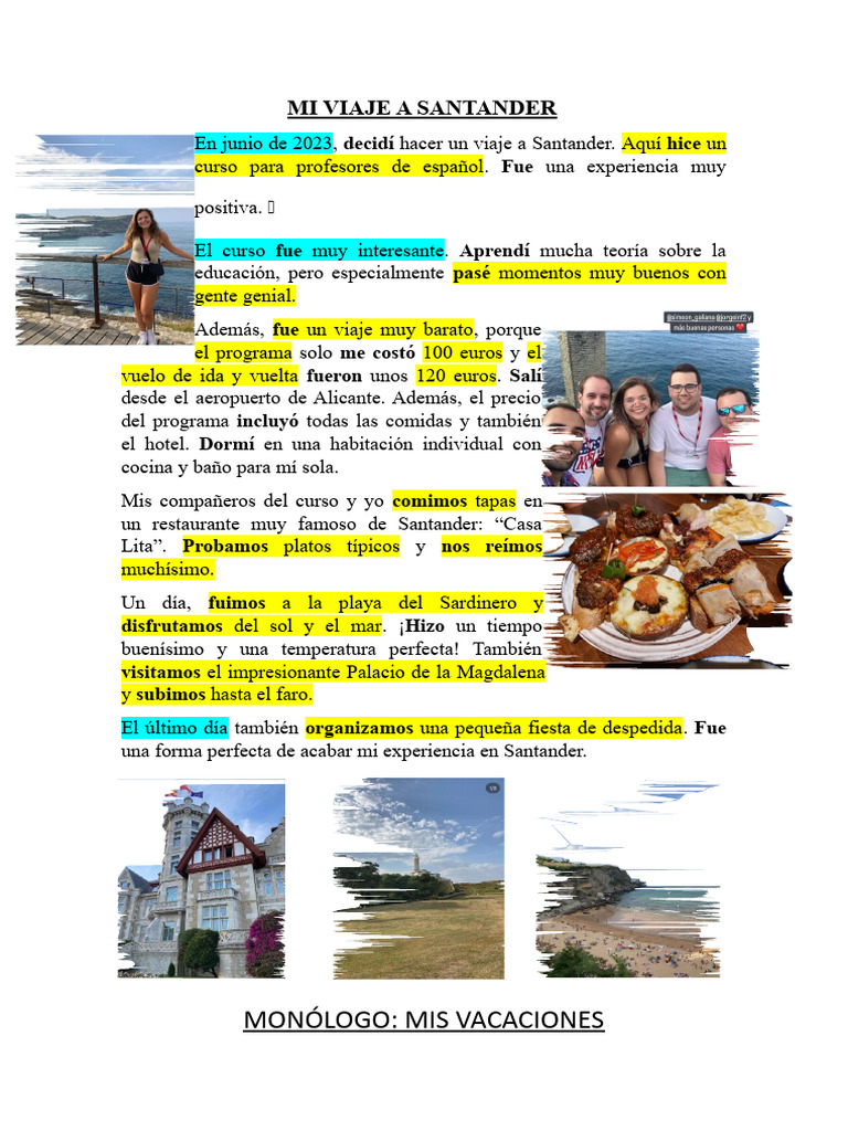 Mi Viaje A Santander - Pretérito Indefinido | PDF