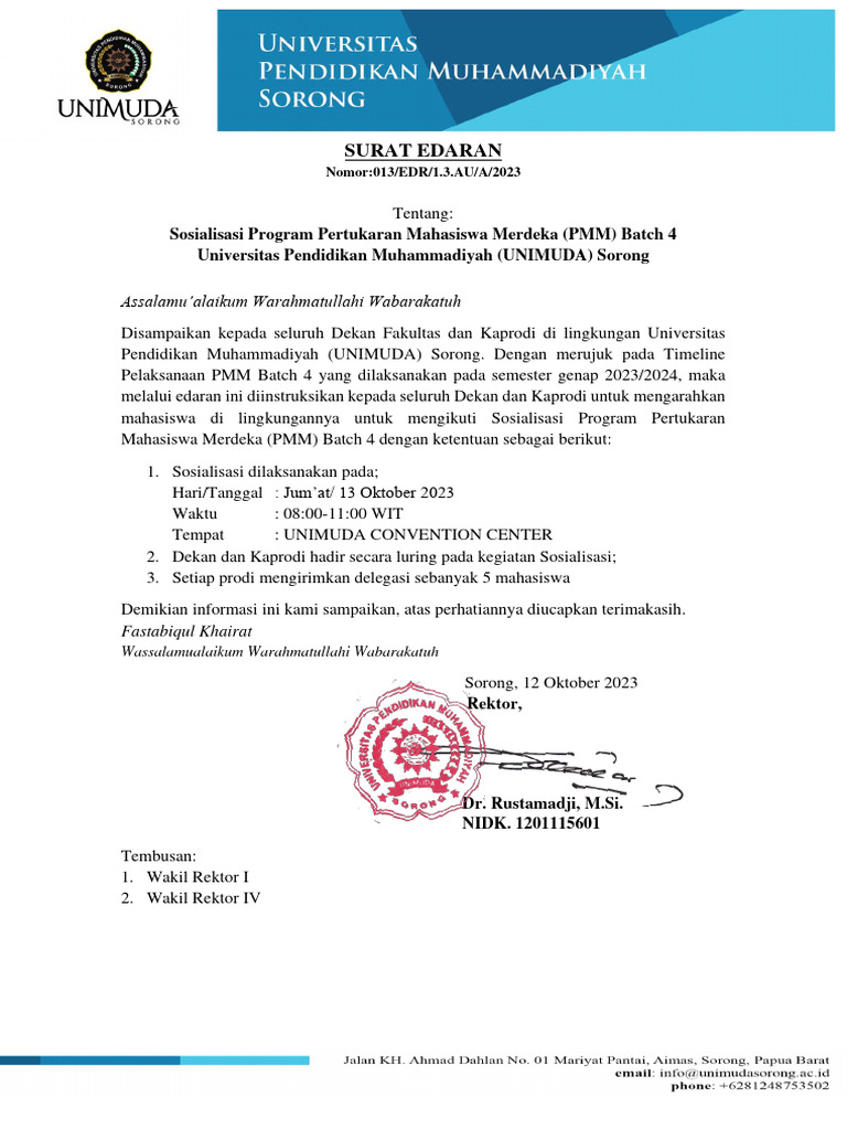 Surat Edaran Sosialisasi PMM 4 Unimuda Sorong | PDF