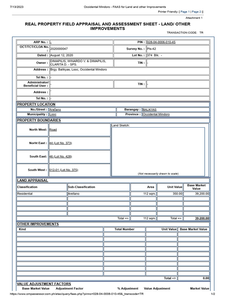 Occidental Mindoro - FAAS For Land and Other Improvements | PDF | Market Value | Market (Economics)