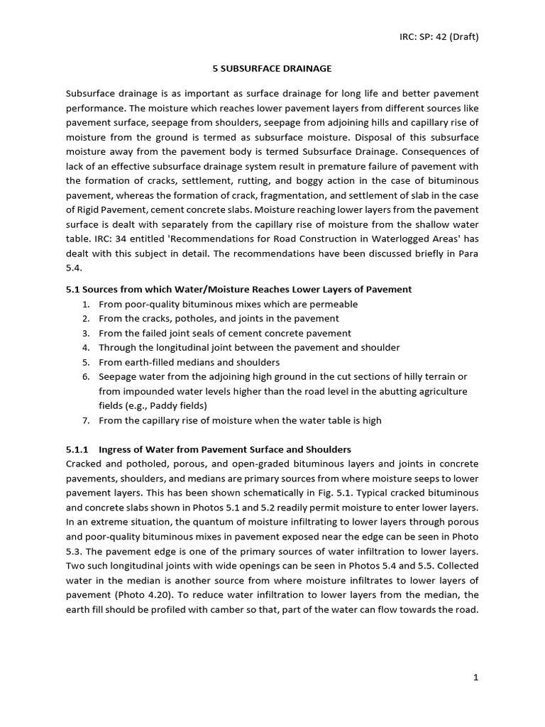 Revised CH 5 Subsurface Drainage IRC SP 42 Draft | PDF