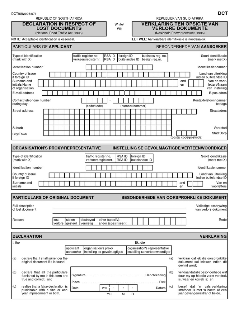 Declaration in Respect of Lost Documents (Form DCT) | PDF