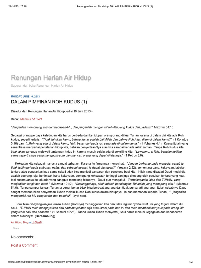 Renungan Harian Air Hidup - DALAM PIMPINAN ROH KUDUS | PDF
