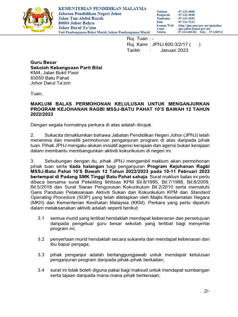 Surat Kebenaran Penganjuran MSSD BP 10'S 2022-2023 | PDF