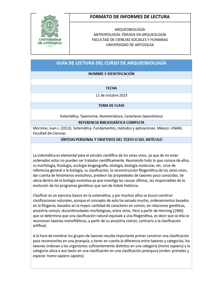 (Informe de Lectura) Morrone, Juan J. (2013) - Sistemática. Fundamentos ...