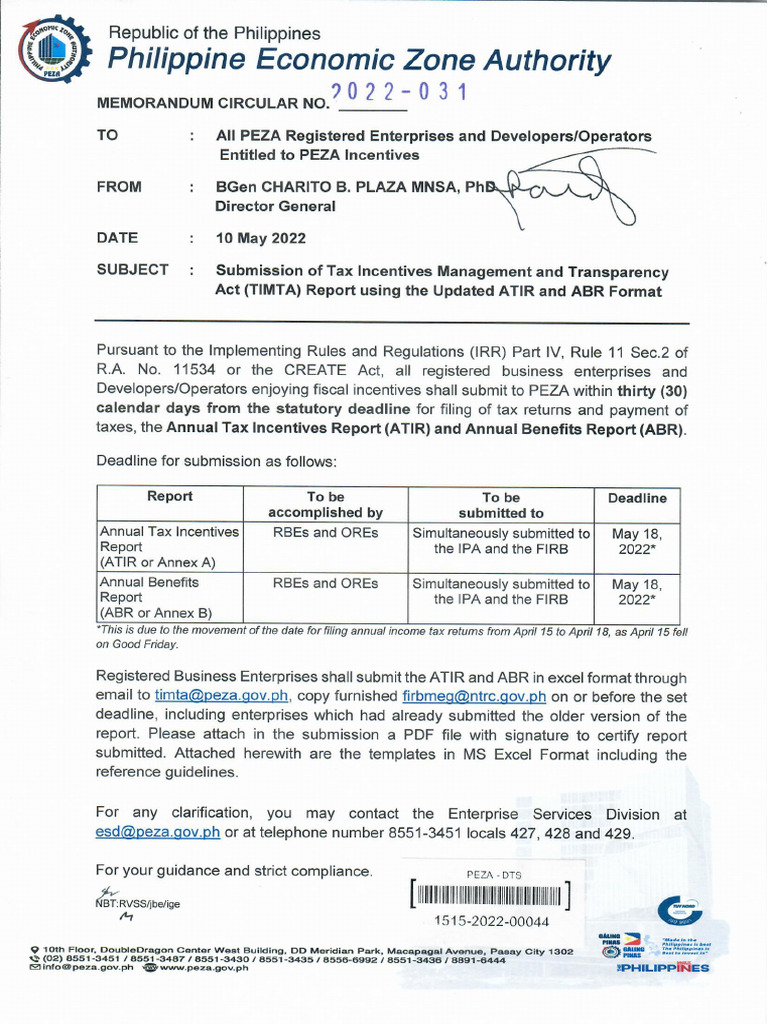 MC - 2022-031 Submission of Timta Report Using The Updated Atir and Abr Format | PDF