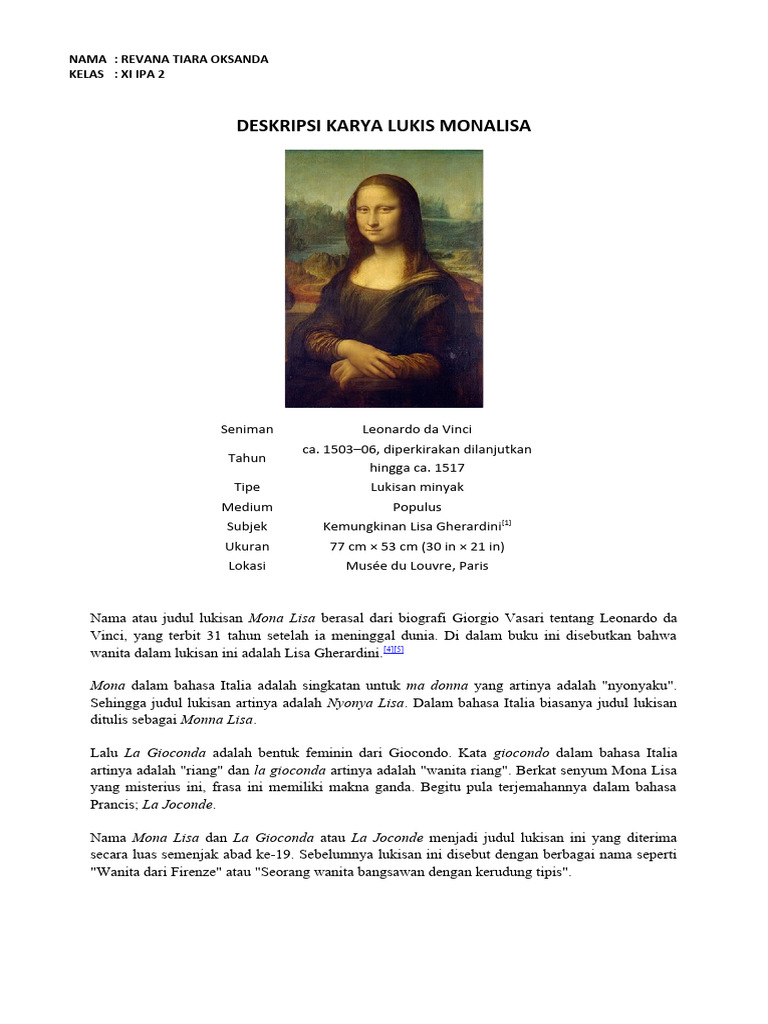 Deskripsi Karya Lukis Monalisa | PDF