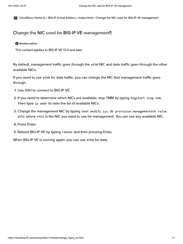 BIG-IP VE Management NIC Setup | PDF
