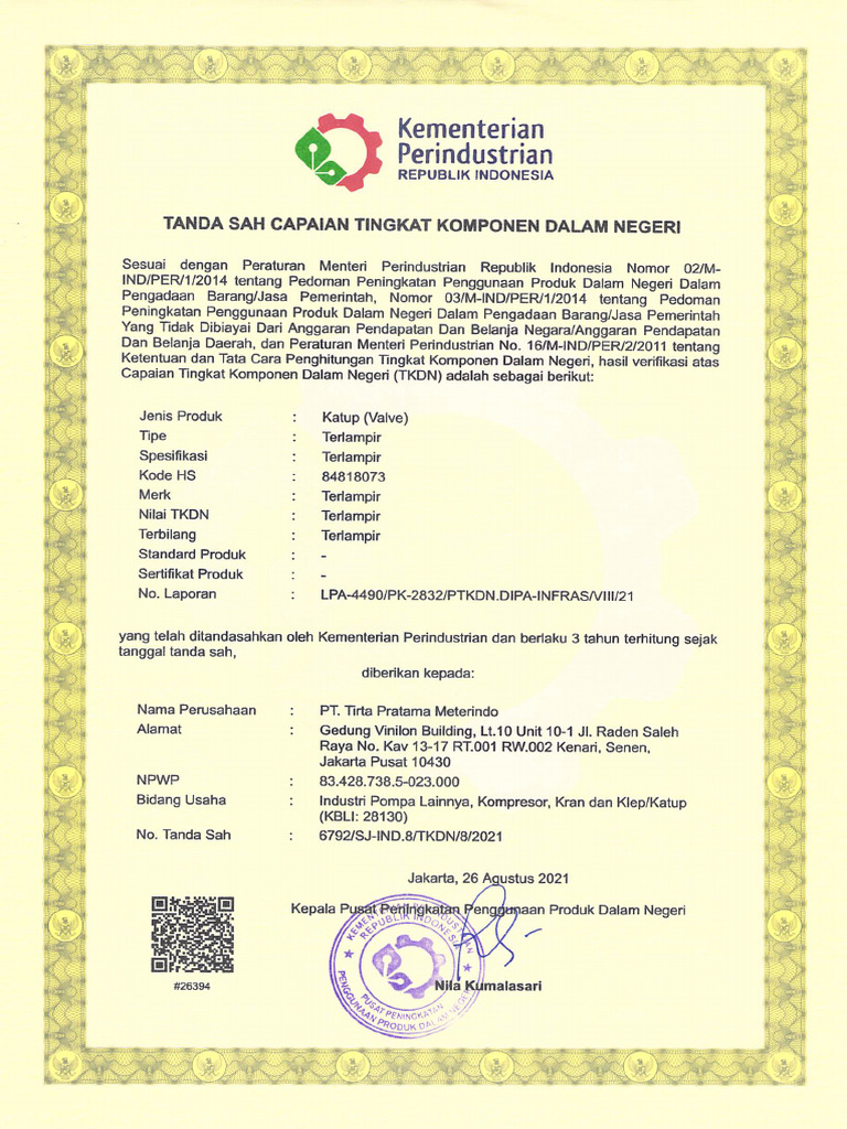 Sertifikat TKDN Gate Valve YUTA TPM | PDF