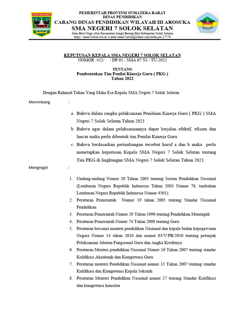 SK Tim Penilai Kinerja Guru PKG | PDF