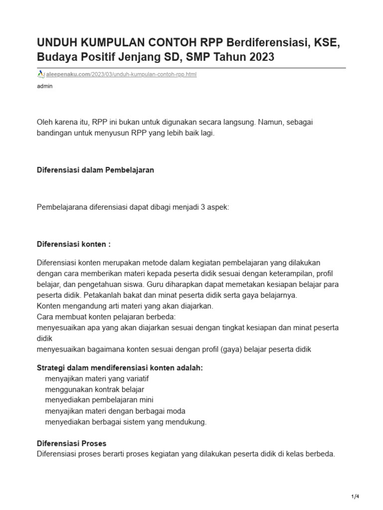 UNDUH KUMPULAN CONTOH RPP Berdiferensiasi KSE Budaya Positif Jenjang SD ...