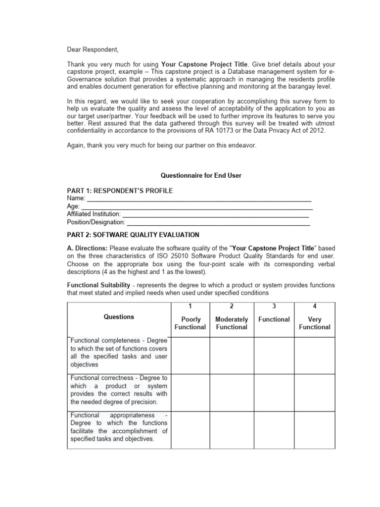 ISO 25010 Software Quality Evaluation Survey | PDF | Reliability ...