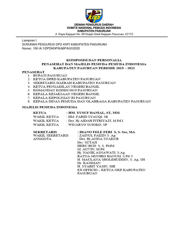 Struktur DPD KNPI Pasuruan 2019-2022 | PDF