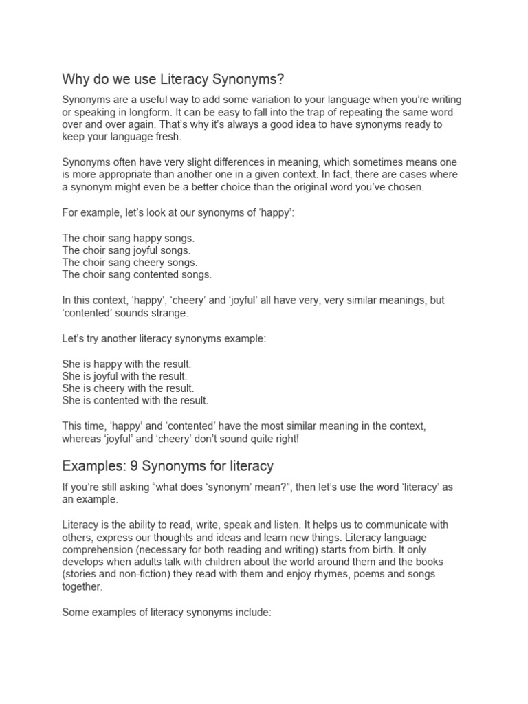 Why Do We Use Literacy Synonyms PDF