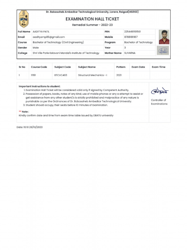 remedial Hall ticket | PDF