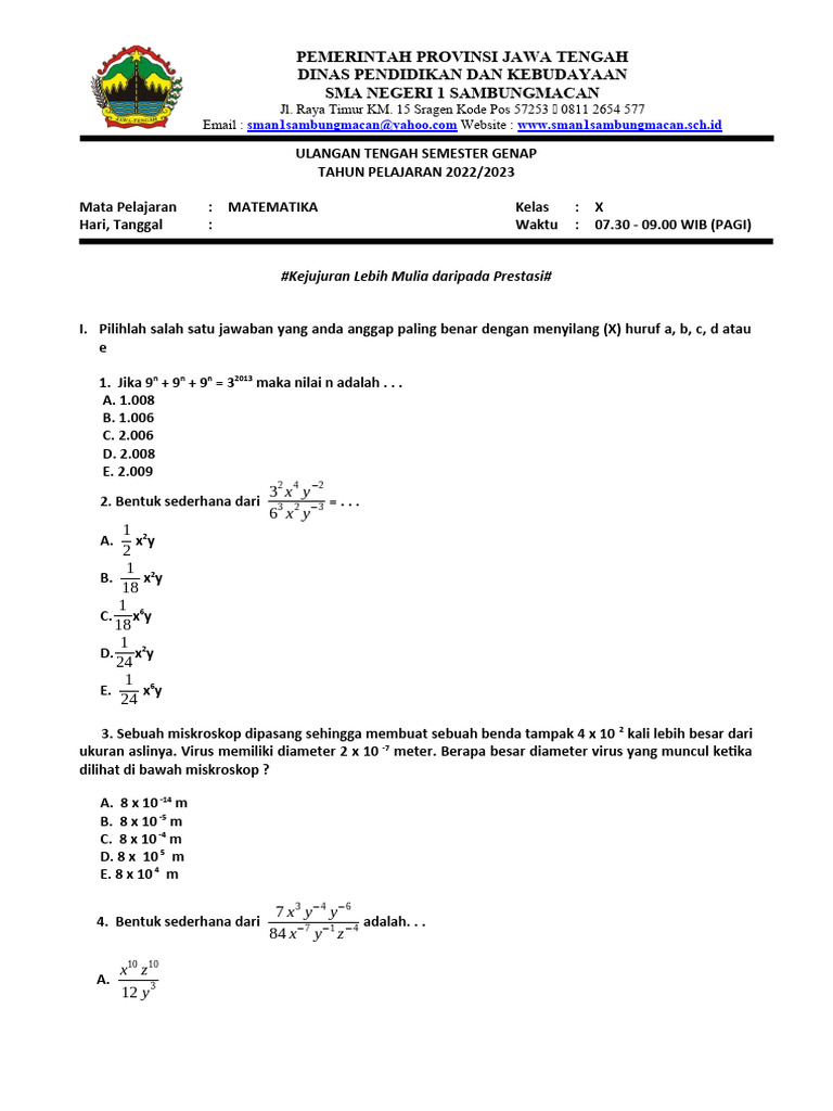 (P) PTS Matematika (Minat) X, Mipa 2022 | PDF