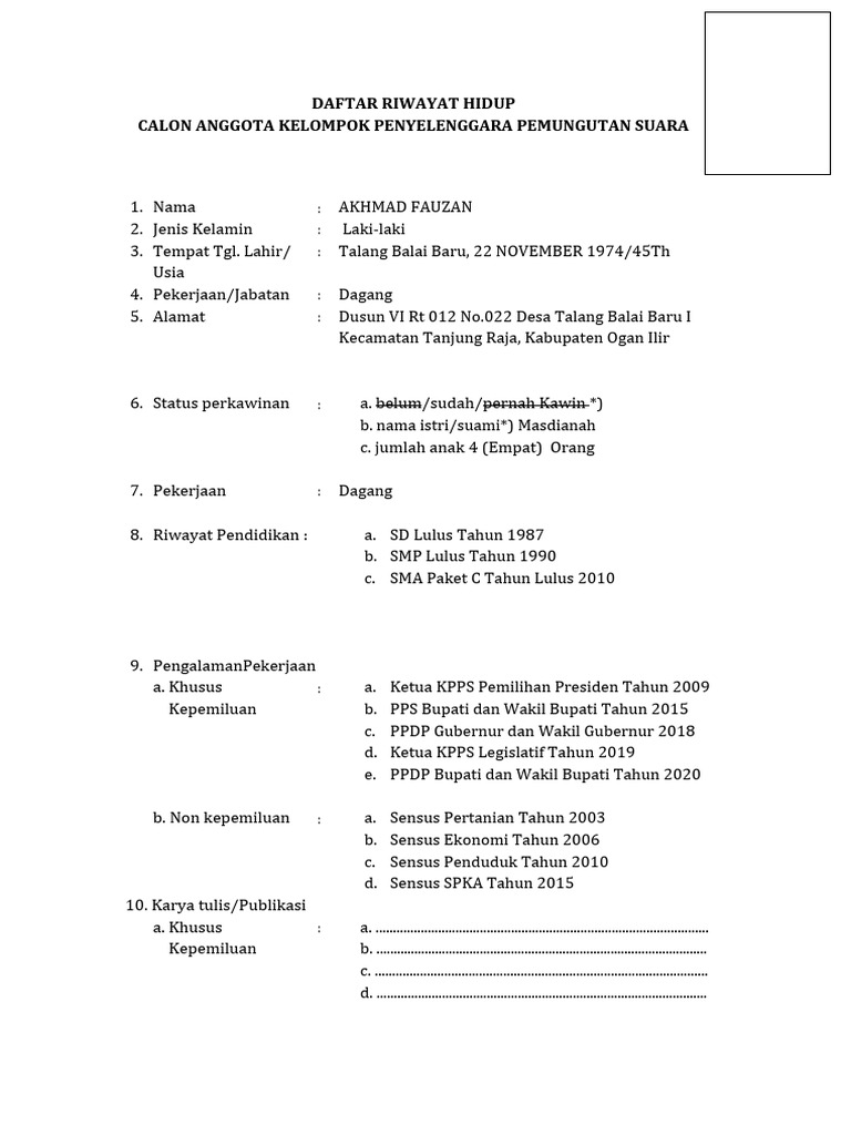 Draft Daftar Riwayat Hidup Kpps | PDF