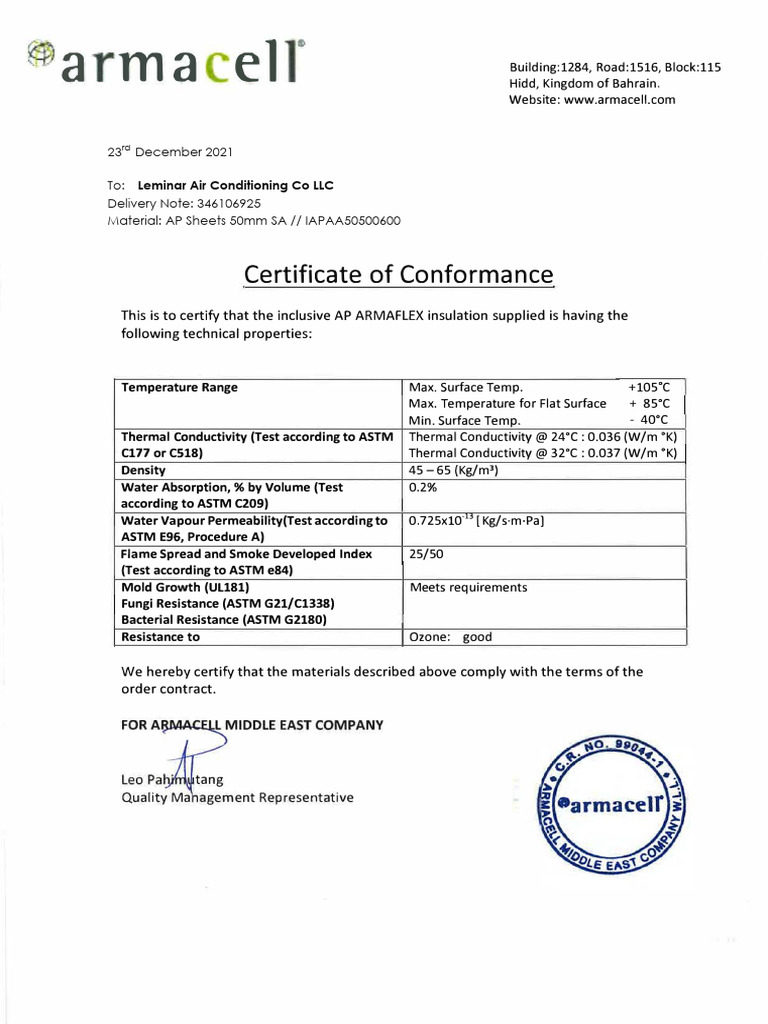 Armacell AP Armaflex Insulation Certificate | PDF