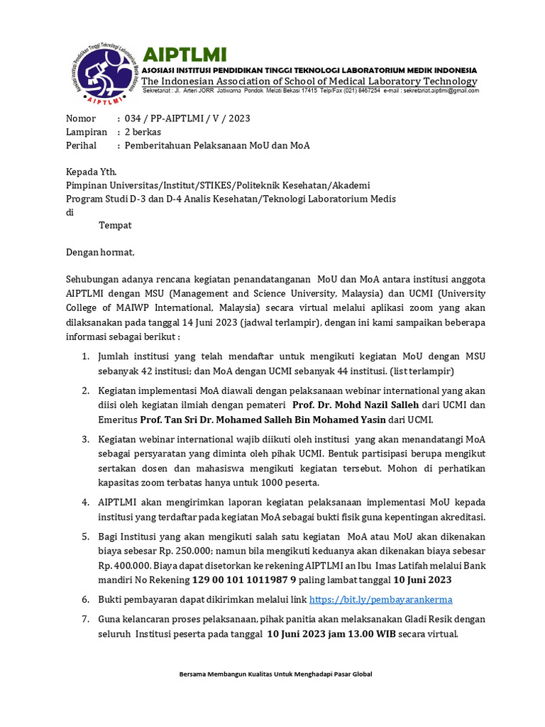 034 Surat Pemberitahuan Institusi Peserta MoU Dan MoA | PDF