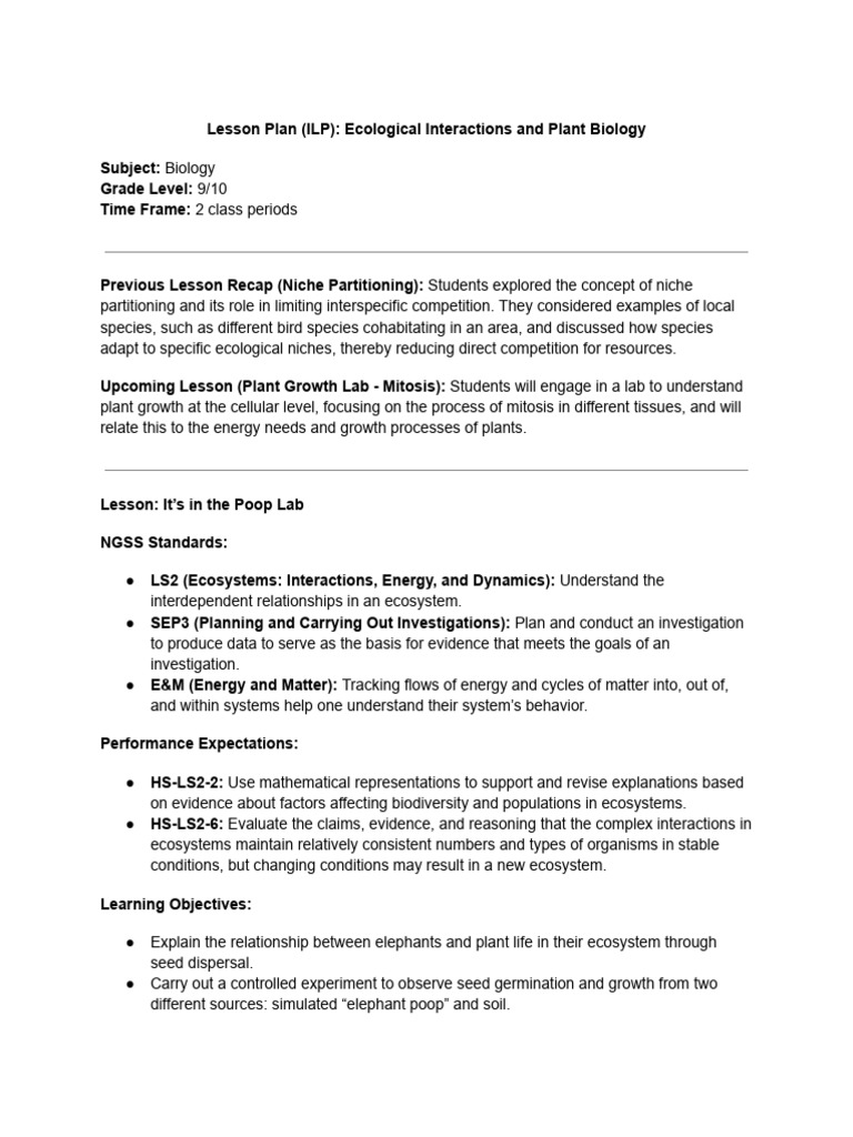 Lesson Plan Ilp Ecological Interactions and Plant Biology | PDF ...