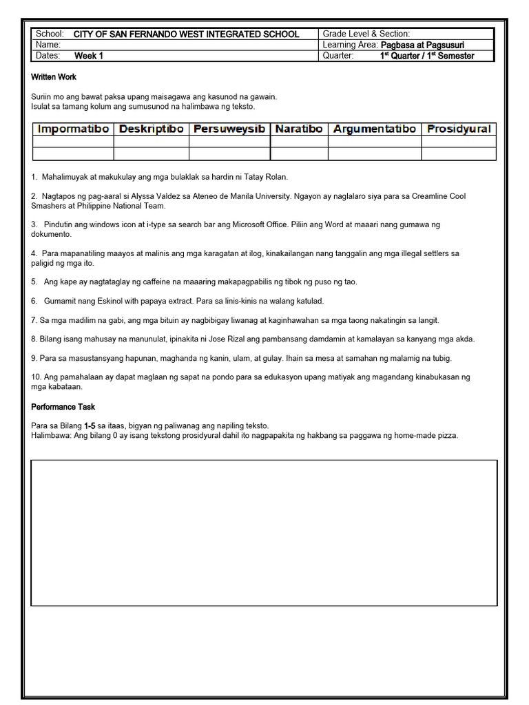 Q2 1 Pagbasa at Pagsusuri Activity Sheet | PDF