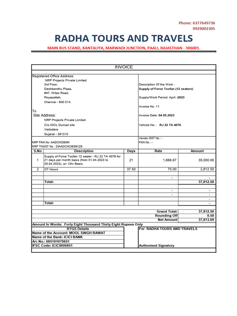 Radha Tours and Travels Bill No. 11 | PDF | Economy Of India