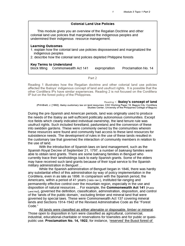 Module 3 Topic 1 Part 2 - Colonial Land Use Policies | PDF
