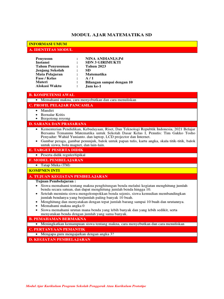 Modul Ajar Matematika Kelas 1 SD | PDF
