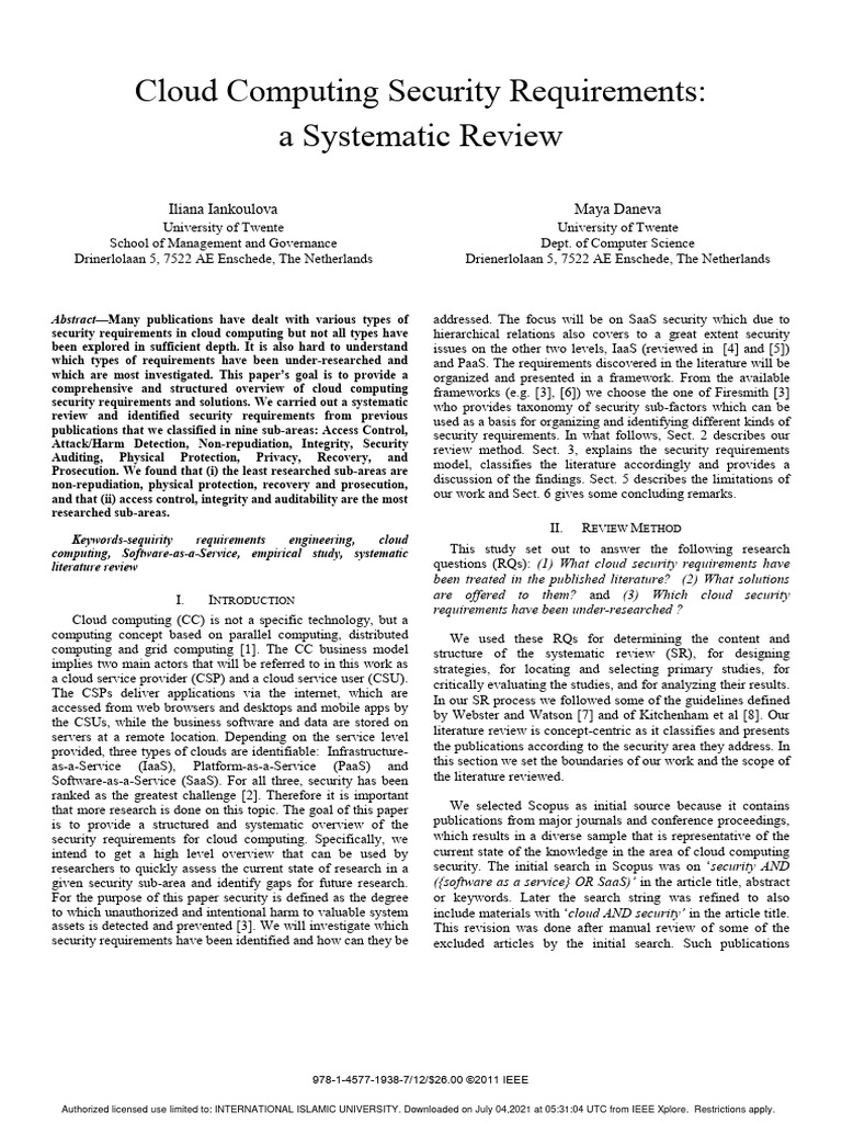 Cloud Computing Security Requirements: A Systematic Review: Iliana Iankoulova Maya Daneva | PDF