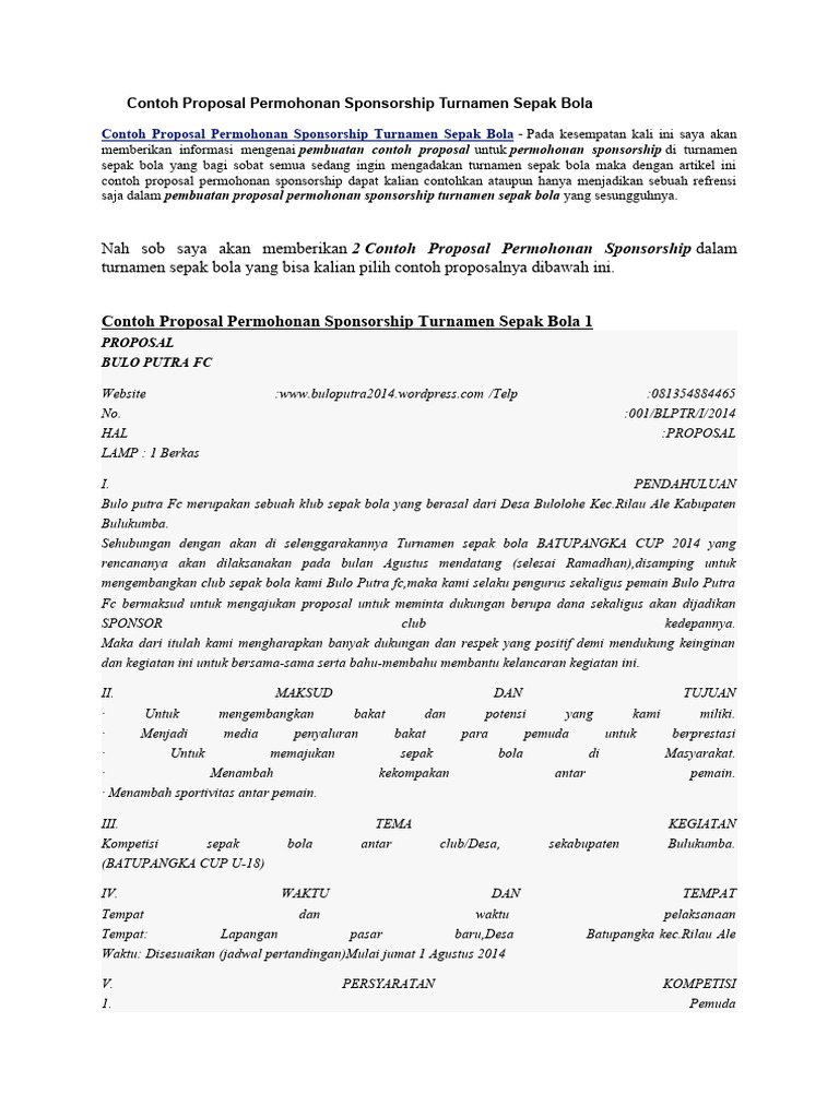 Contoh Proposal Permohonan Sponsorship Turnamen Sepak Bola | PDF