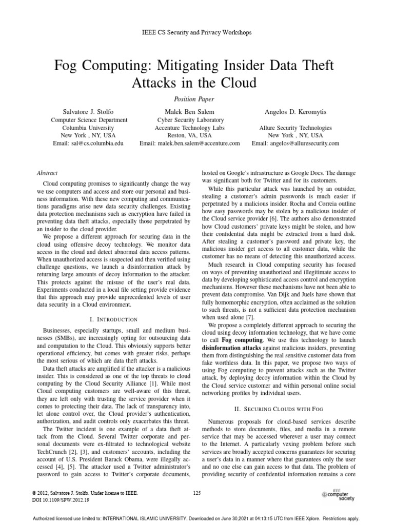 Fog Computing: Mitigating Insider Data Theft Attacks in The Cloud | PDF