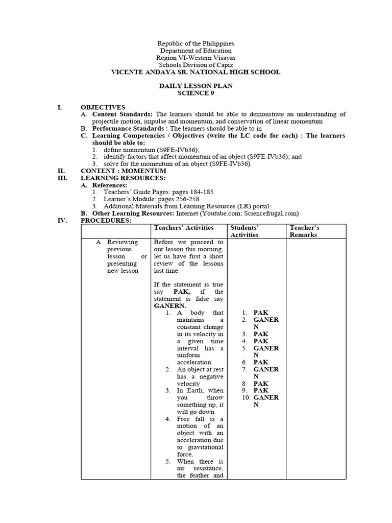 Momentum Lesson Plan | PDF
