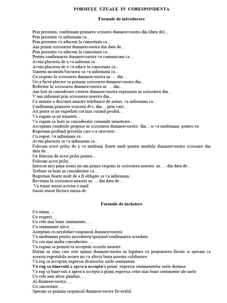 Formule Uzuale in Corespondenta | PDF