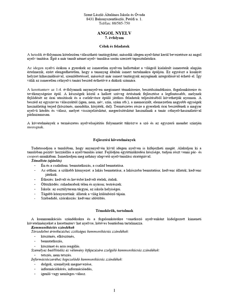 Angol Nyelv: 7. Évfolyam Célok És Feladatok | PDF