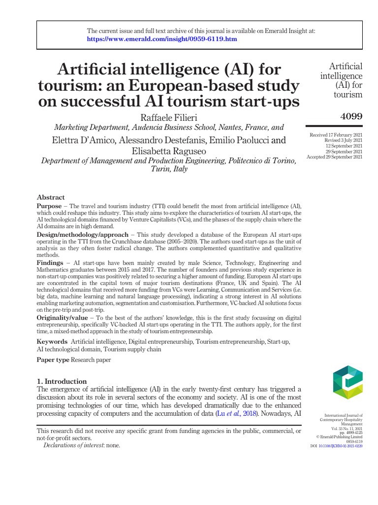 Filieri, 2021, Artificial Intelligence (AI) For Tourism An European-Based Study On Successful AI ...