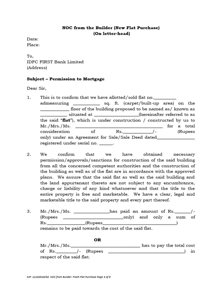 NOC From Builder - Fresh Flat Purchase 18-12-2018 | PDF | Mortgage Law ...