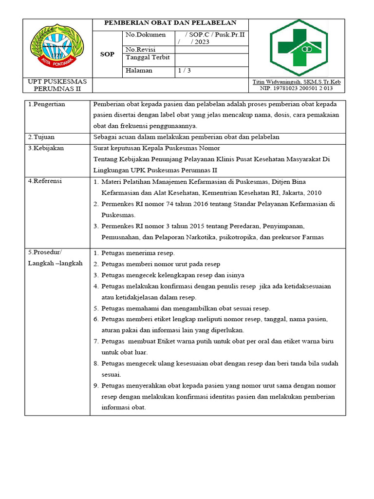 Pberian Obat KPD Pasien & Label | PDF