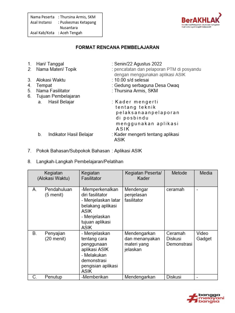 Format Rencana Pembelajaran Fasilitator Kader MM | PDF