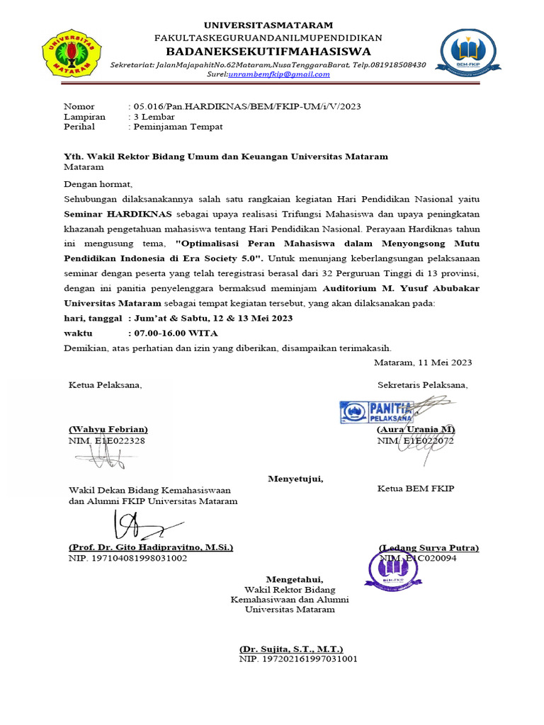 Peminjaman Auditorium untuk Seminar HARDIKNAS 2023 | PDF