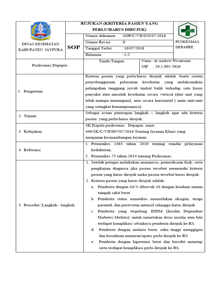 Kriteria Rujukan Pasien Puskesmas Depapre | PDF