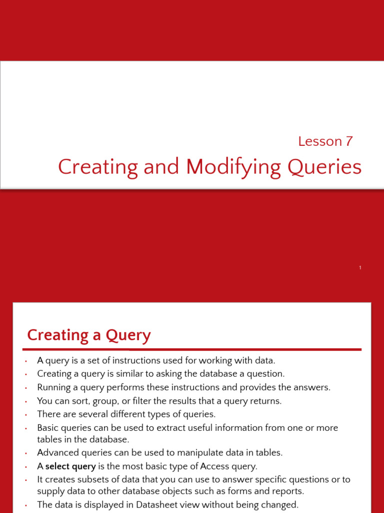 Creating and Modifying Queries: Lesson 7 | PDF