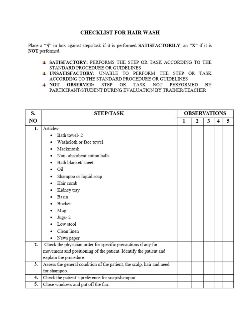 CHECKLIST FOR HAIR WASH | PDF