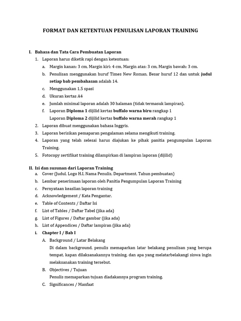 Format Dan Ketentuan Penulisan Laporan Training | PDF