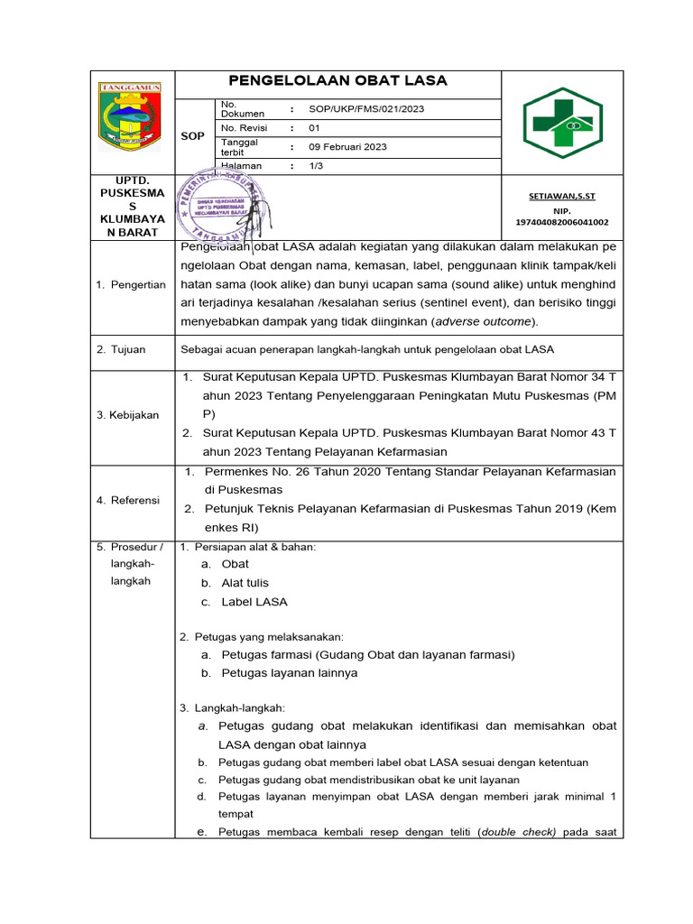 SOP Pengelolaan Obat LASA | PDF