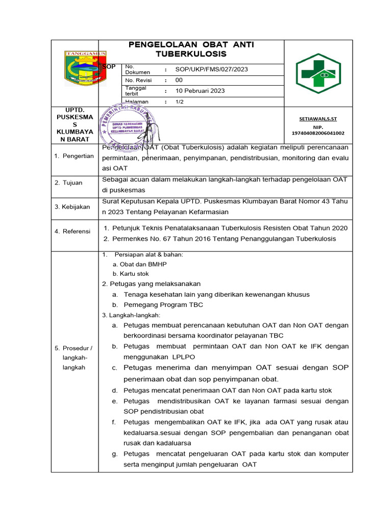 SOP Pengelolaan Obat Anti Tuberkulosis | PDF