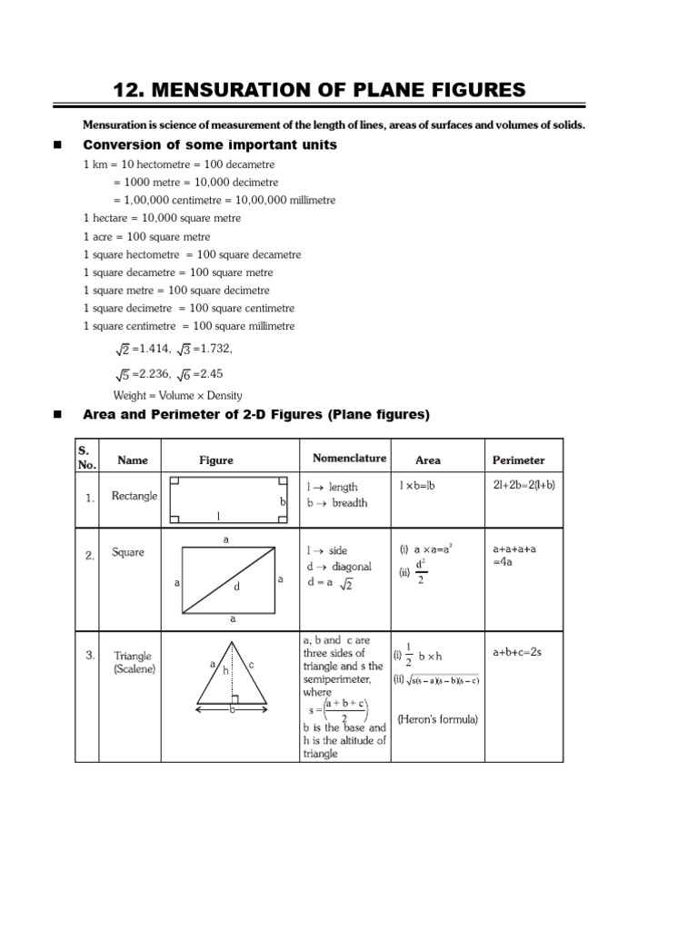 Mensuration of Plane Figures | PDF