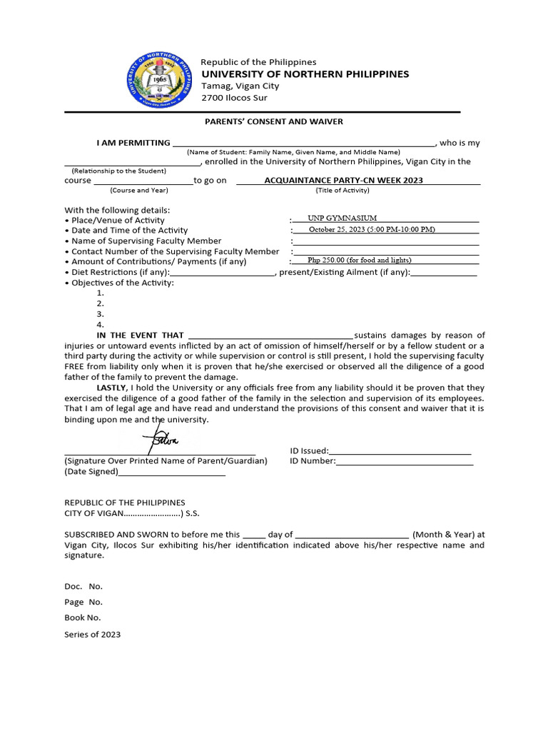 Parents Consent For Acquaintance Party | PDF | Common Law | Civil Law (Legal System)
