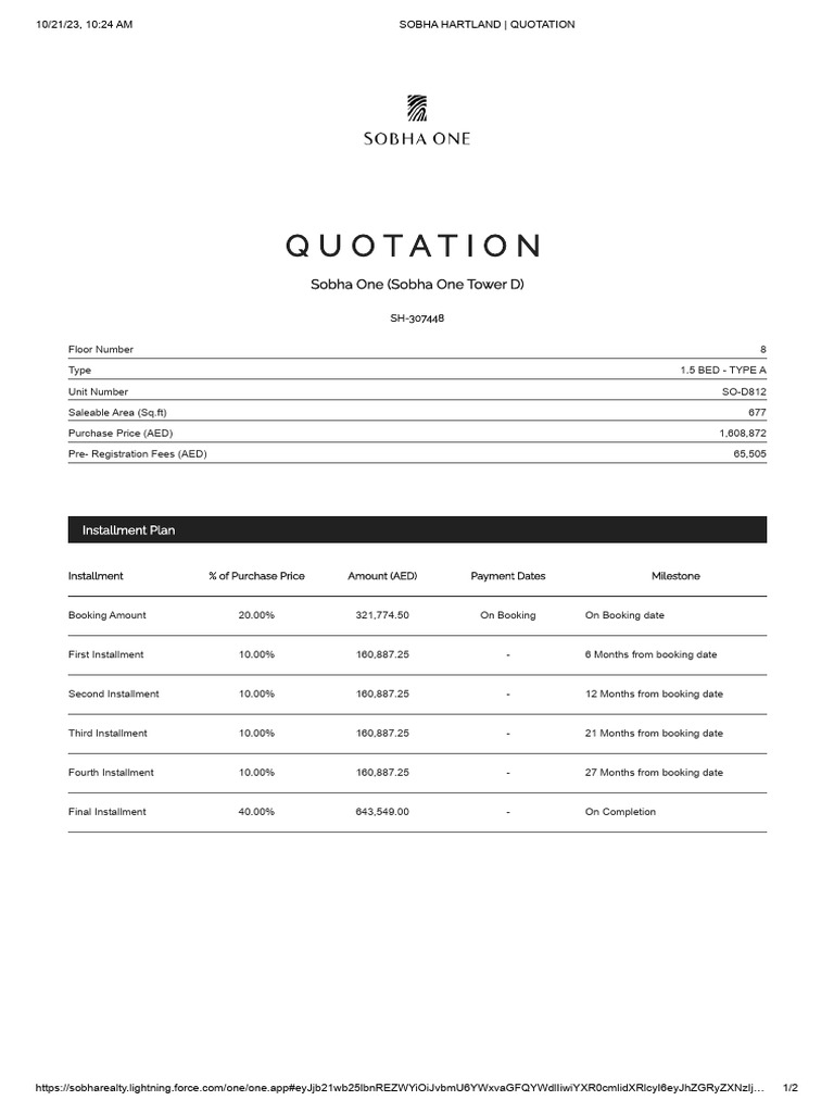 Quotation Sobha One - D812 1.5 BR (Rasal Khor View) | Download Free PDF | Business | Market ...