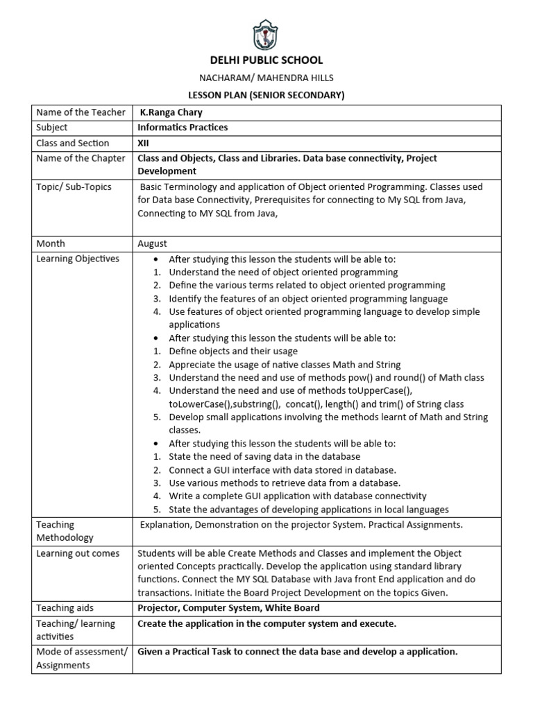 OOP & Database Connectivity Lesson Plan | PDF