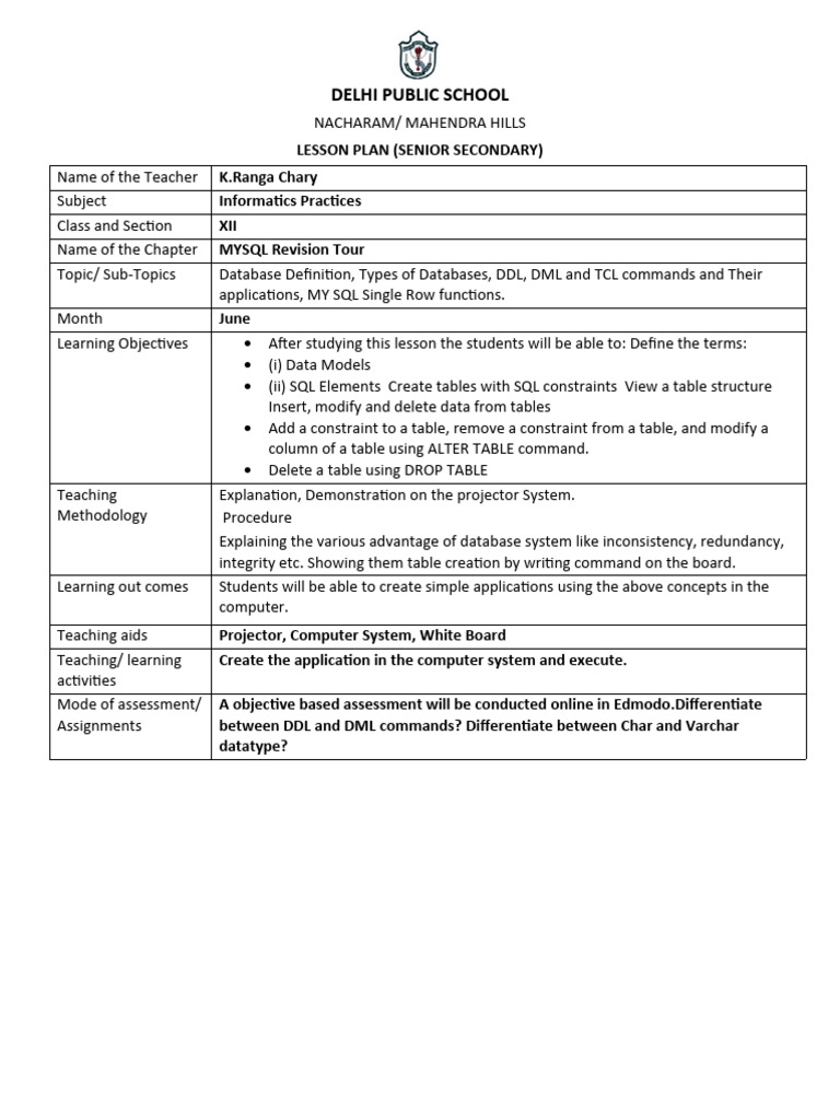 Lesson Plan Ip Xii (October-2023) | PDF | Database Transaction | Databases